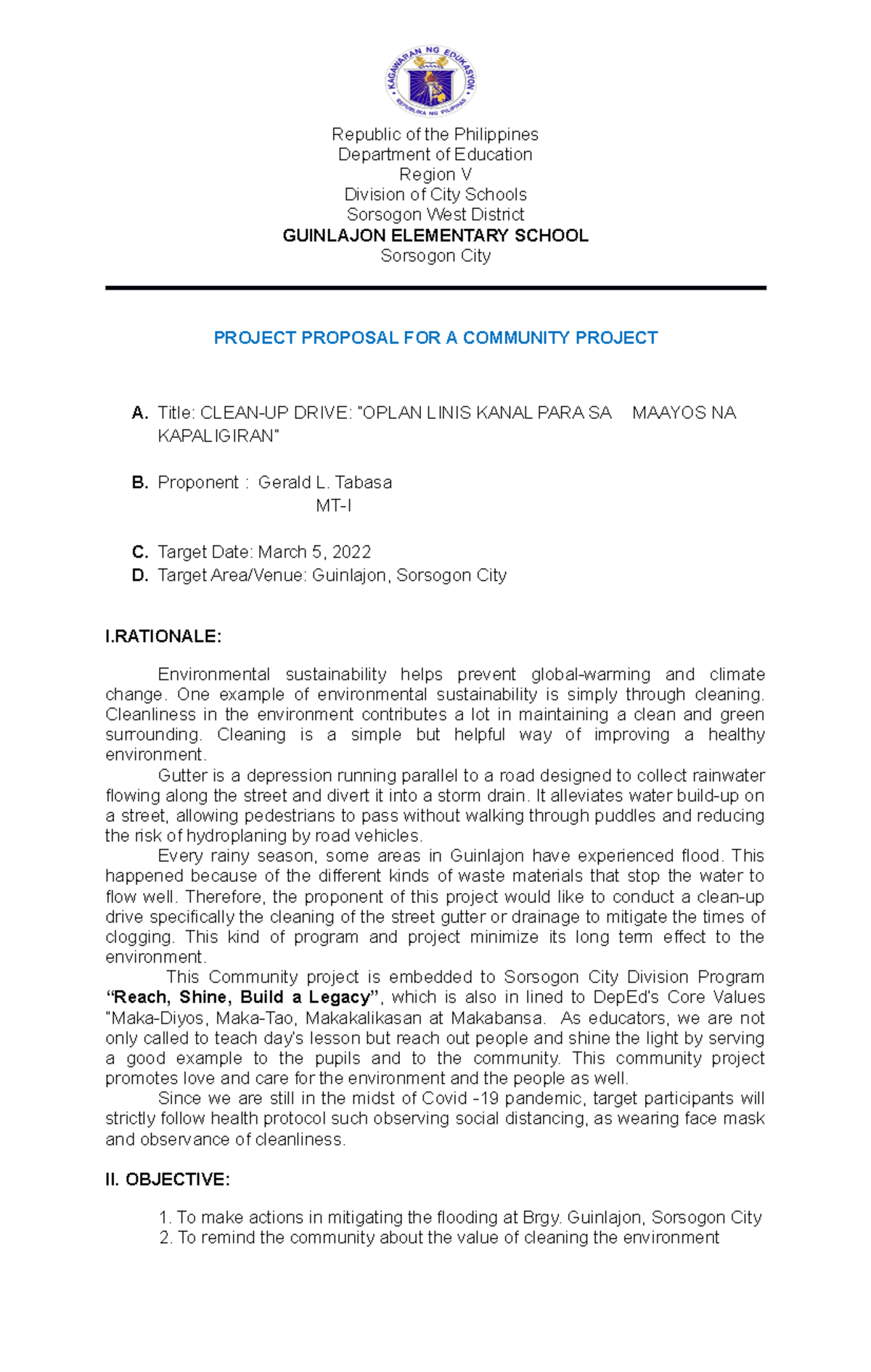 CLEAN-UP DRIVE PROPOSAL 2022: “OPLAN LINIS KANAL” FOR SORSOGON - Studocu