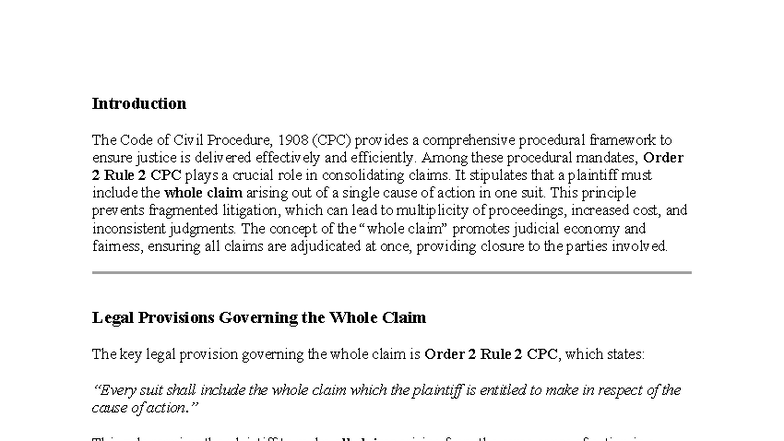 Unit 2: Whole Claim Rule under Order 2 Rule 2 CPC - 15 Marks - Studocu