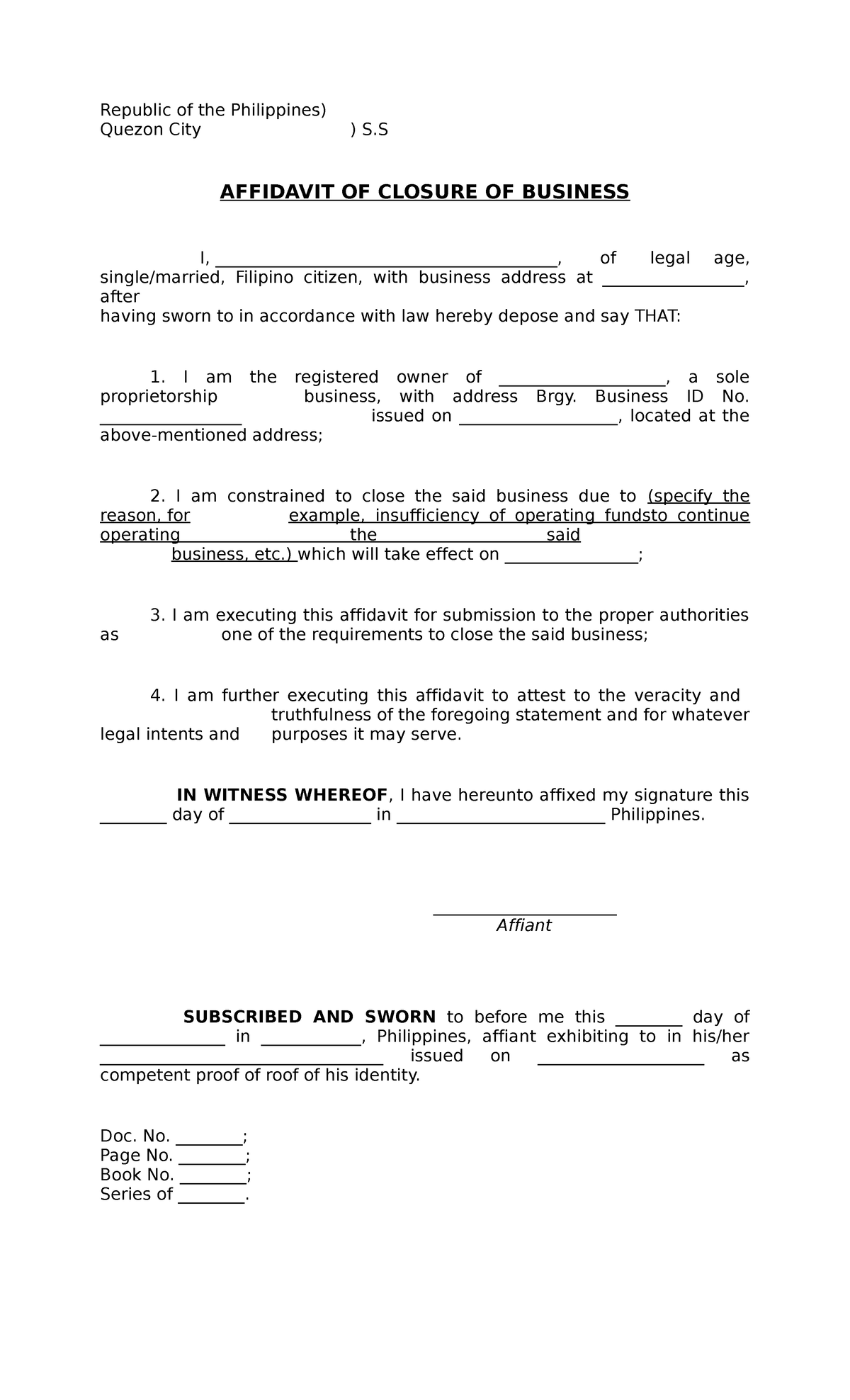 Affidavit of Closure of Business - Legal Document Template - Studocu