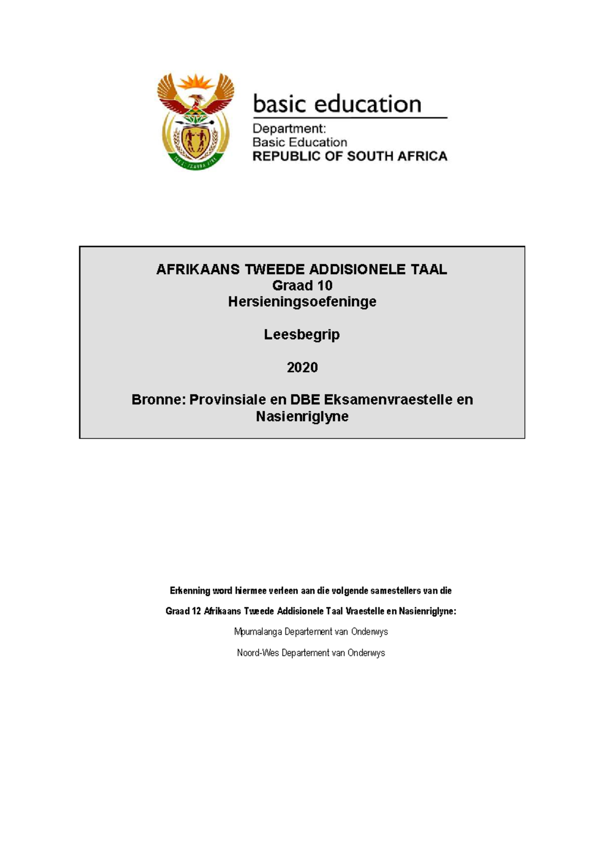 Afrikaans TAT Gr 10 Hersiening: Leesbegrip Oefeninge 2020 - Studocu