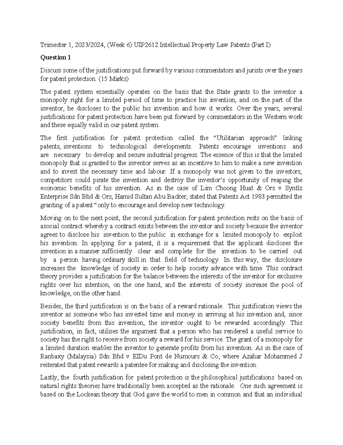 Intellectual Property Law Tutorial Week 6 - Trimester 1, 2023/2024 ...