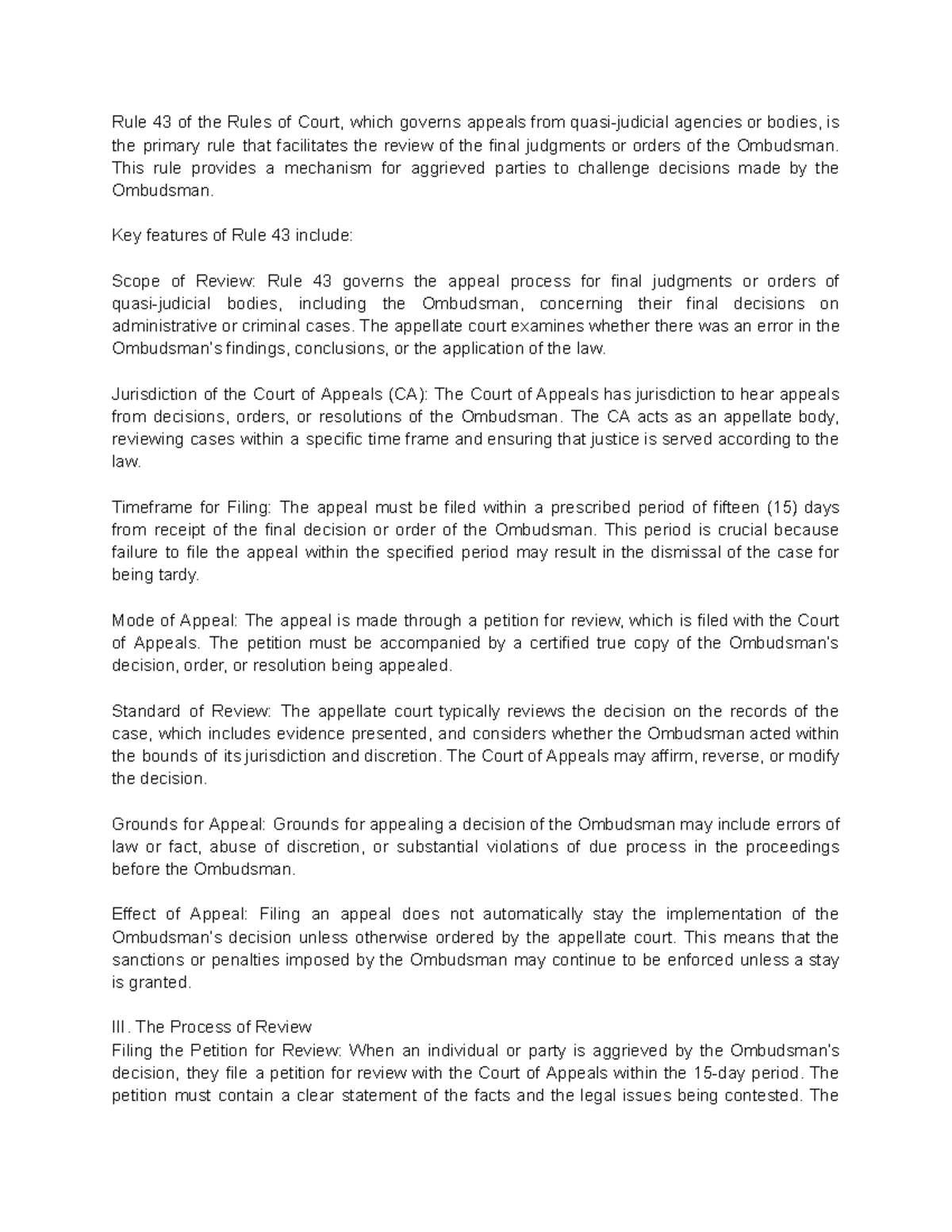 Rule 43 of the Rules of Court: Appeals from Ombudsman Decisions ...