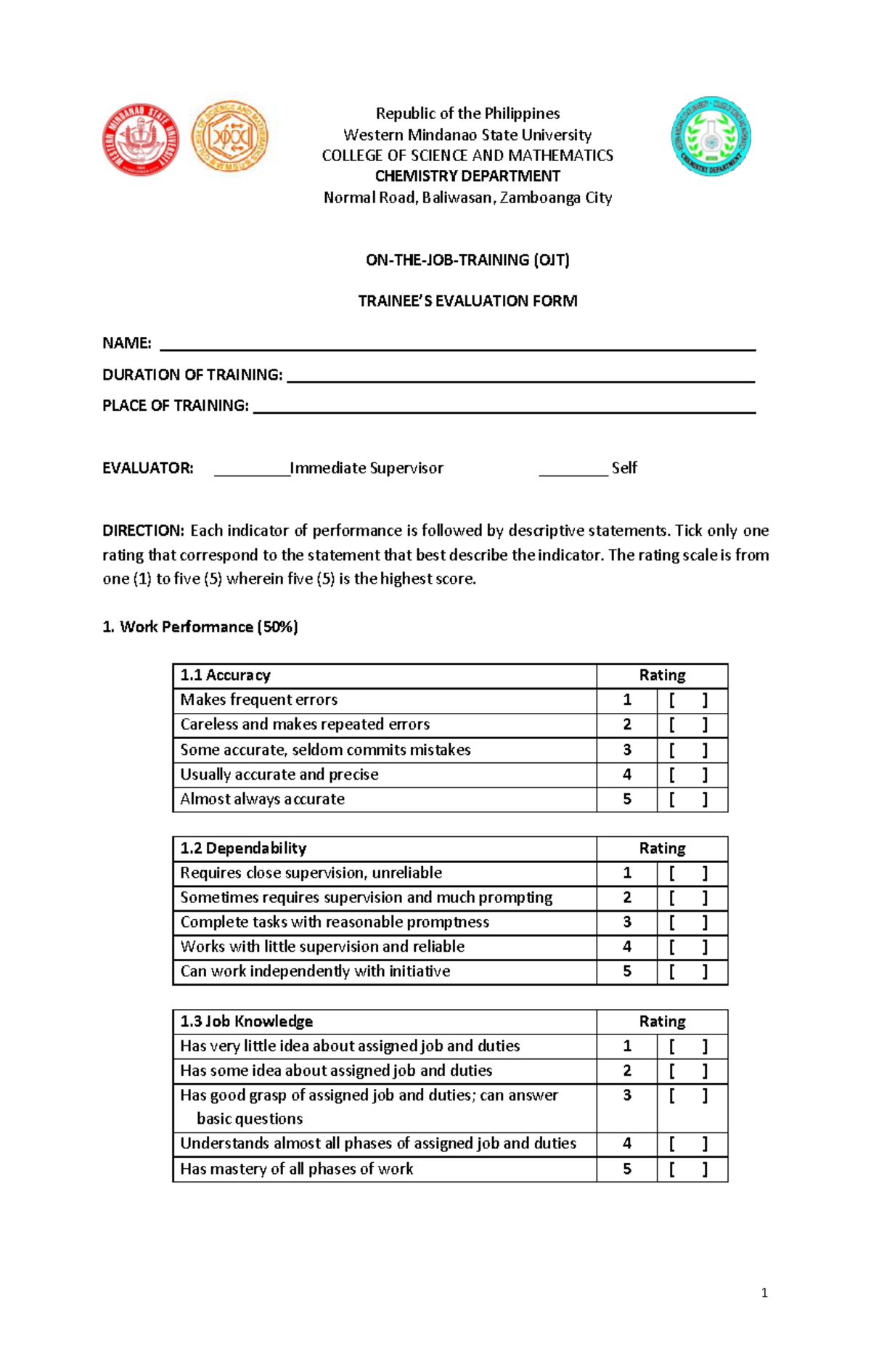 OJT Evaluation Form - Western Mindanao State University - Studocu