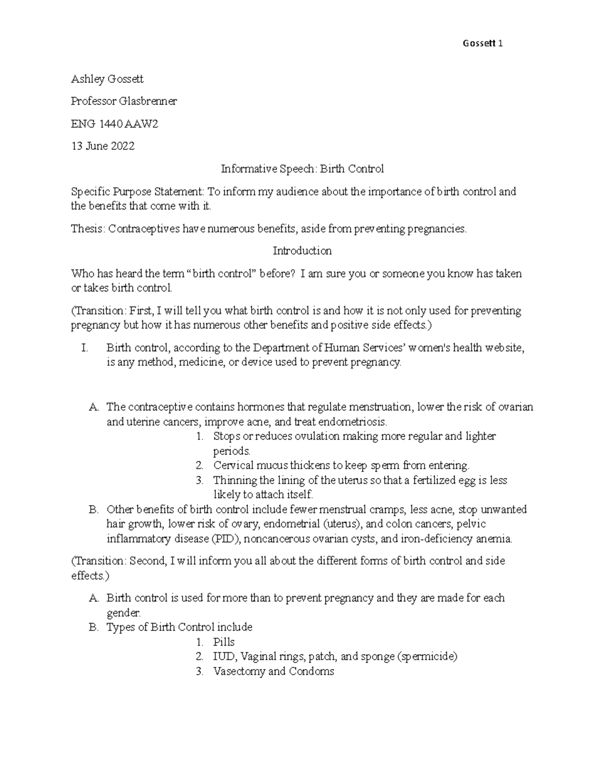 Birth control speech outline - Gossett 1 Ashley Gossett Professor ...