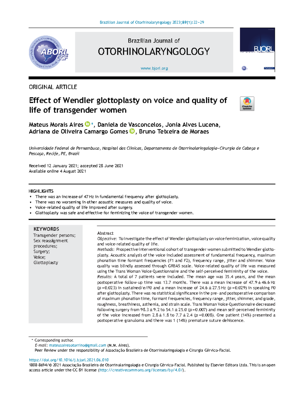 Effect of Wendler Glottoplasty on Voice in Transgender Women: A Study ...