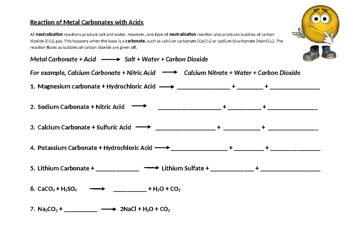 Reaction of Metal Carbonates with Acids: Worksheet for Chemistry 101 ...