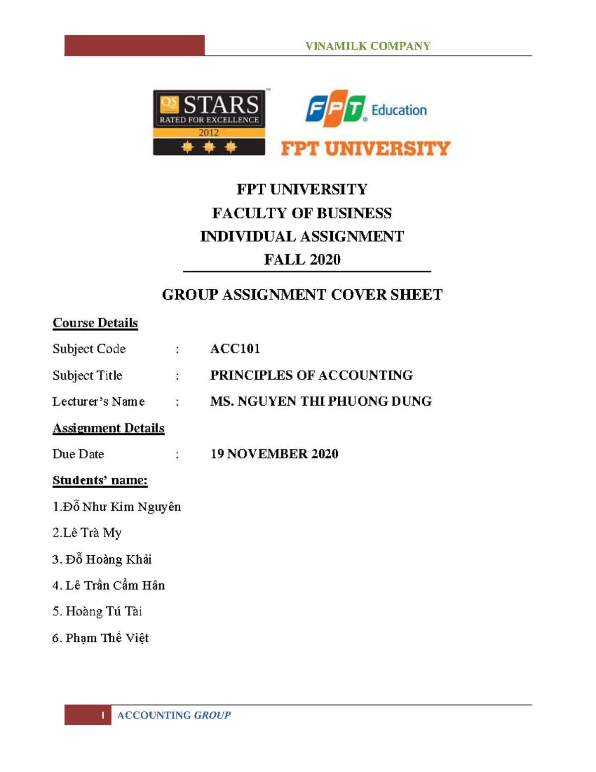 ACC Principles of Accounting Group Assignment Cover Sheet - Fall 2020 ...