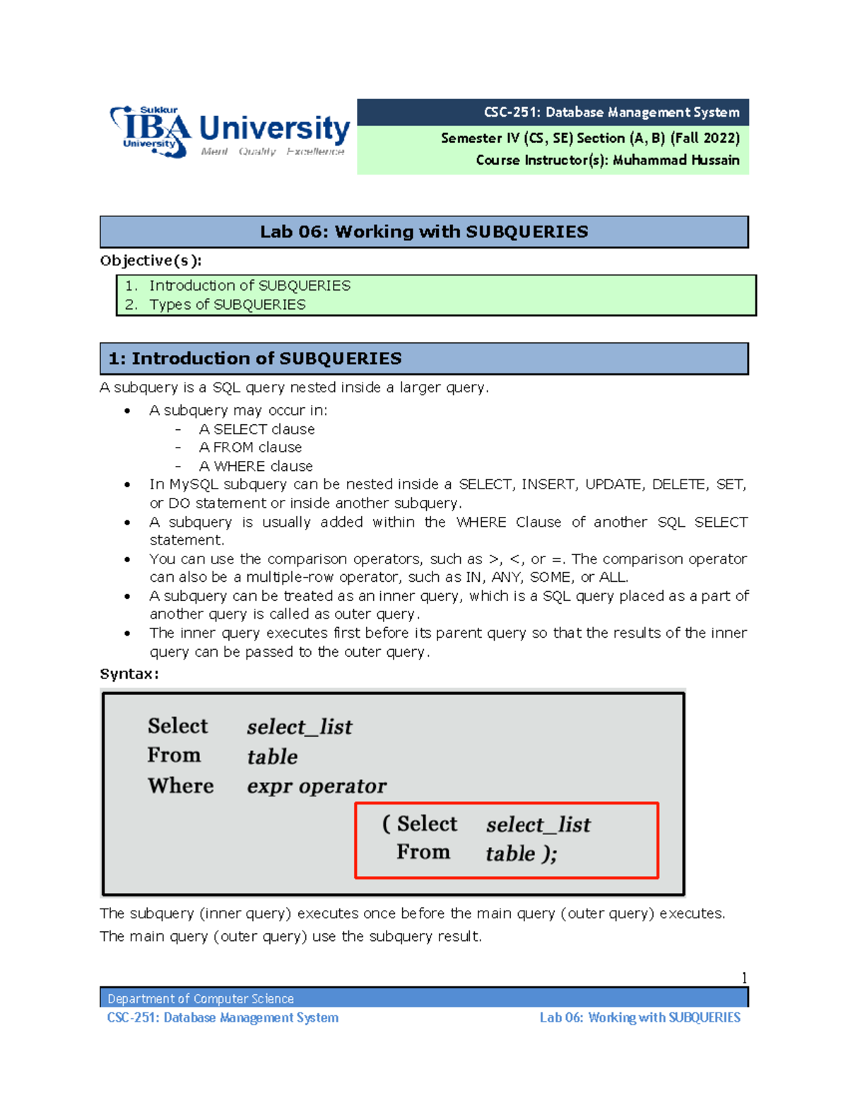 Lab 6: Exploring Subqueries in CSC-251 Database Management System - Studocu