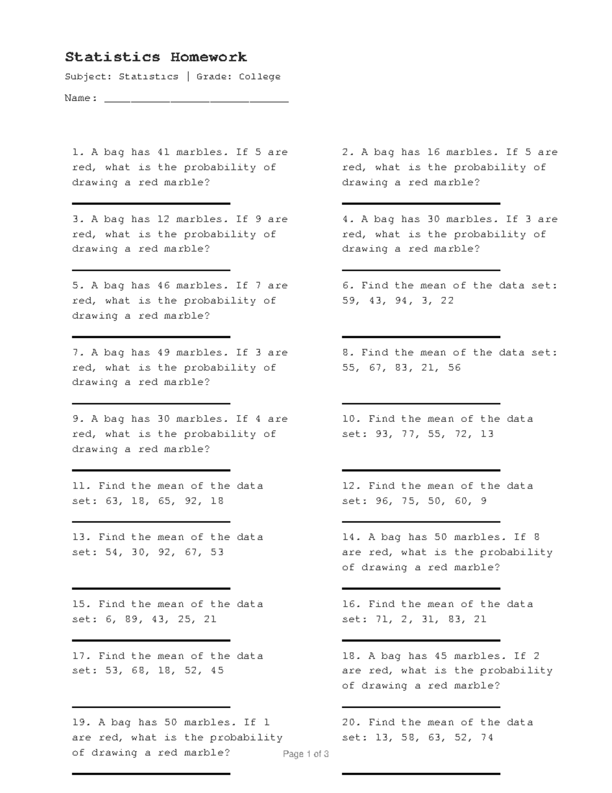 Statistics Homework 3: Probability & Mean Calculations - Studocu