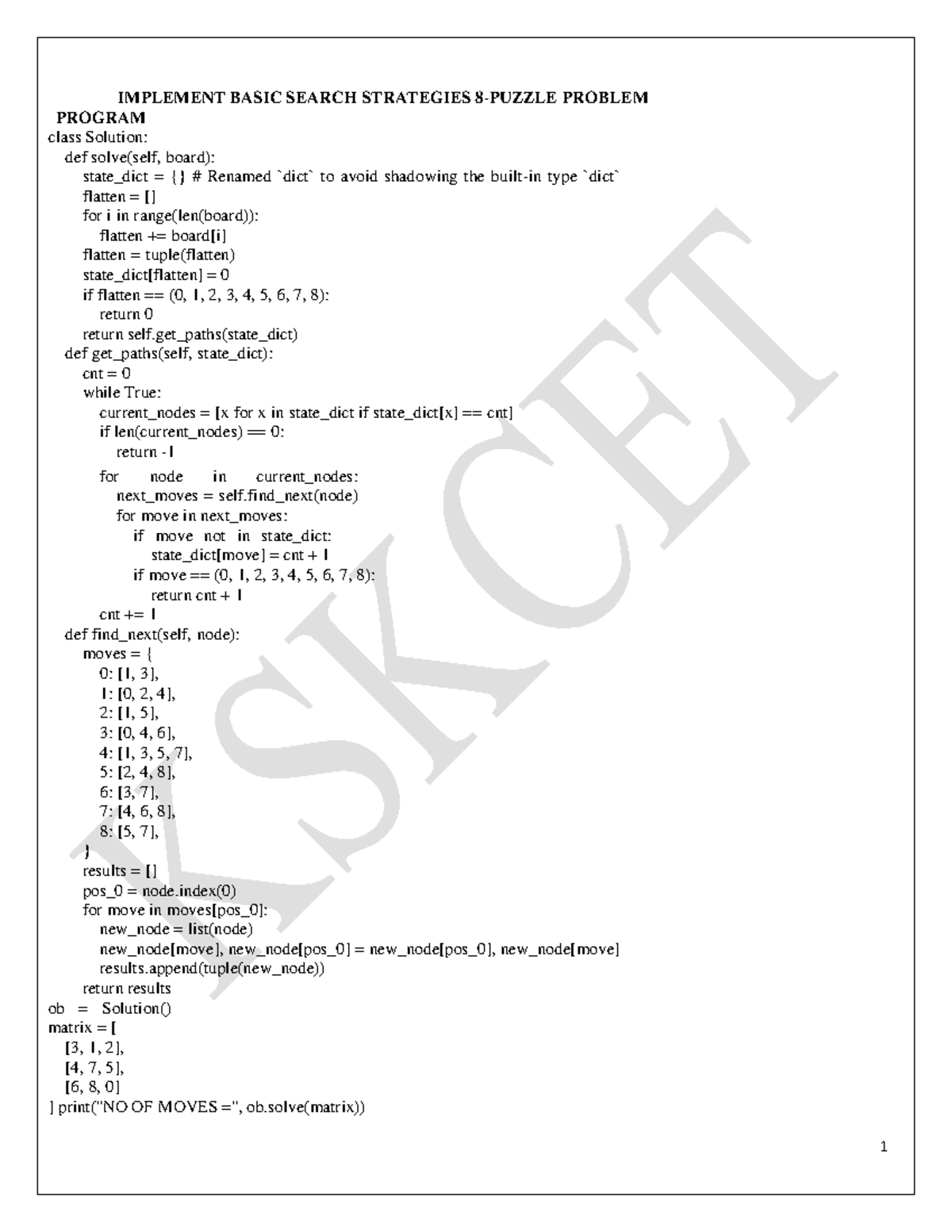 AD3311 - AI LAB Manual Print - IMPLEMENT BASIC SEARCH STRATEGIES 8 - PUZZLE PROBLEM PROGRAM ...