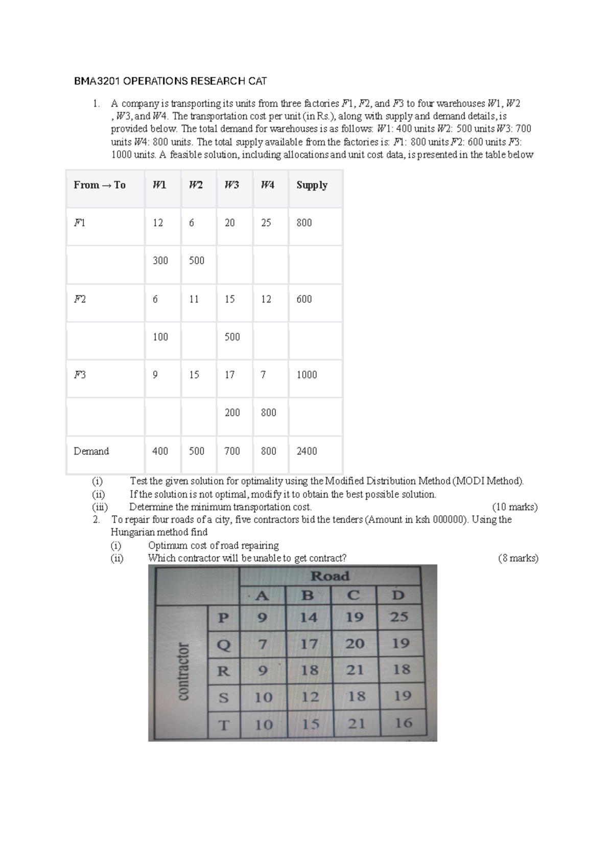 BMA3201 OPERATIONS RESEARCH CAT 1: Transportation & Hungarian Method ...