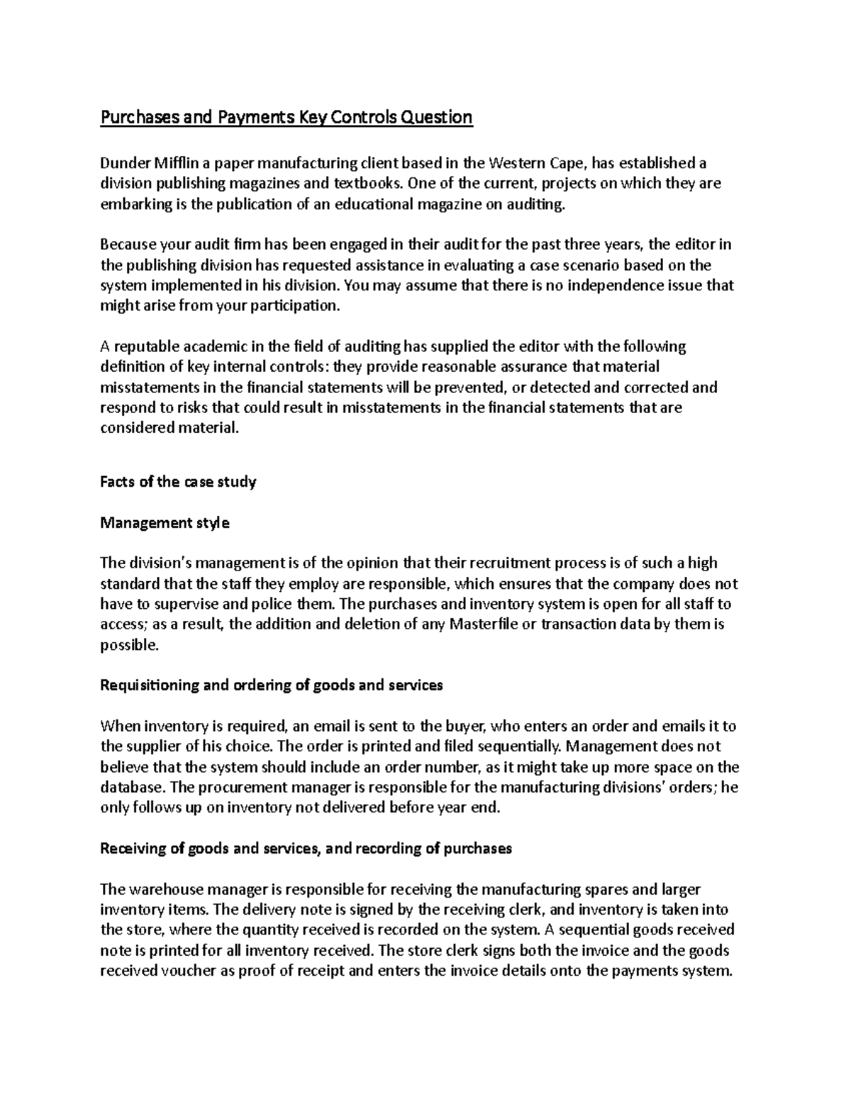3. Key Controls in Purchases & Payments: Dunder Mifflin Case Study ...