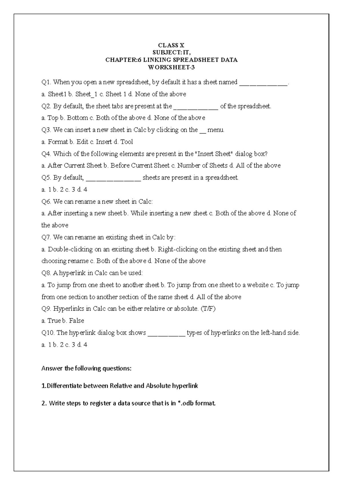 Class X IT, Chapter 6: Linking Spreadsheet Data Worksheet - Studocu