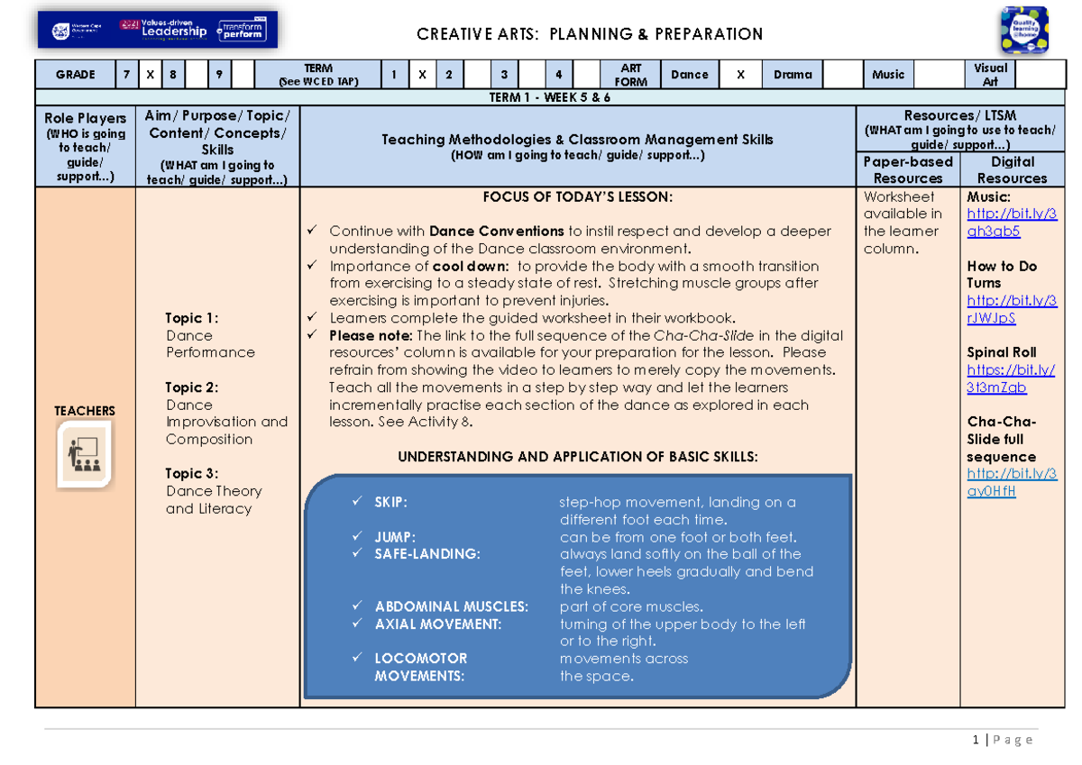 Lesson Plan Gr 7 Creative Arts Dance Term 1 Weeks 5 & 6 - Studocu