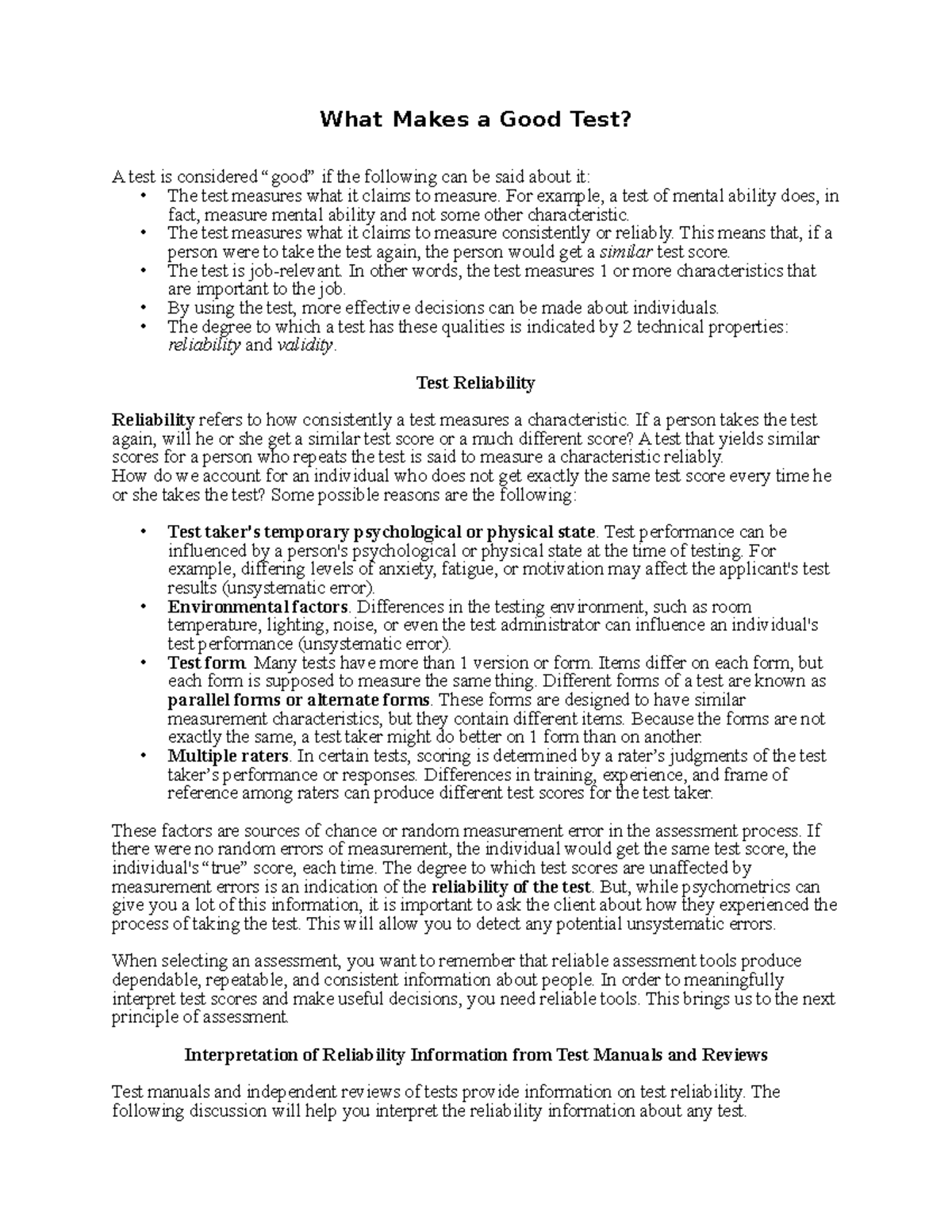 COSC 622 Final Exam: Understanding Test Reliability and Validity - Studocu