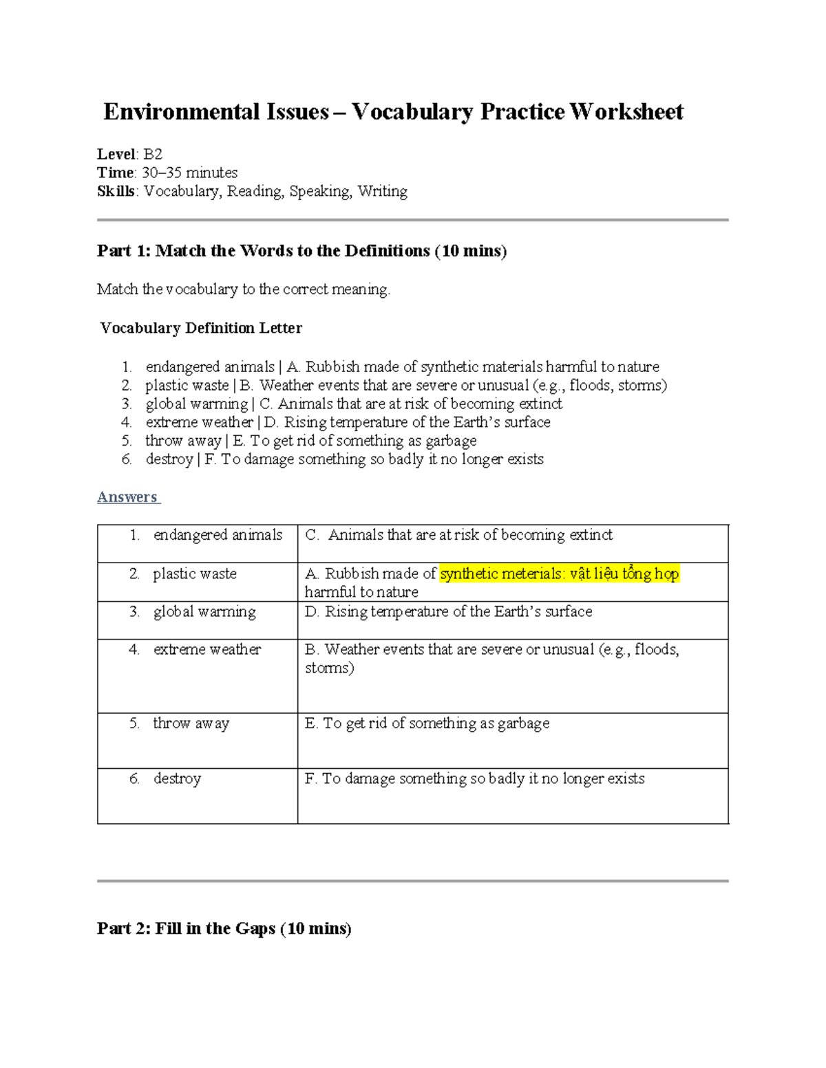 Environmental Issues- worksheet to practice vocabulary - Environmental ...