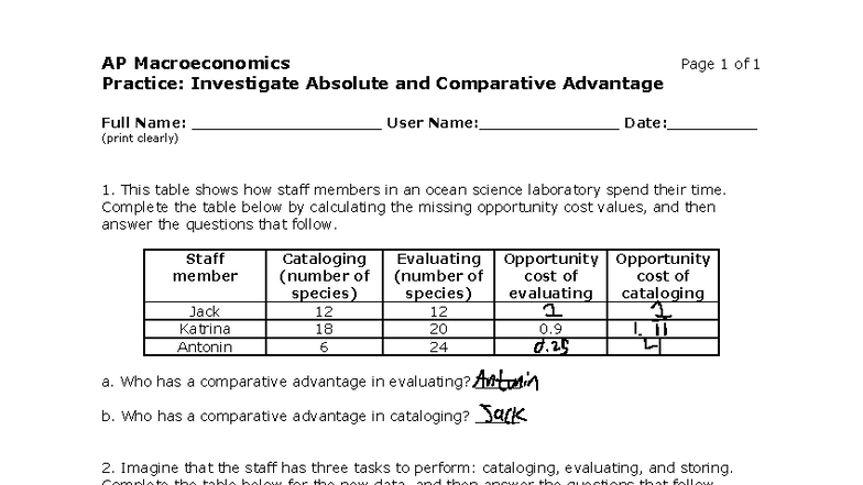 AP Macroeconomics Practice: Absolute & Comparative Advantage Analysis ...