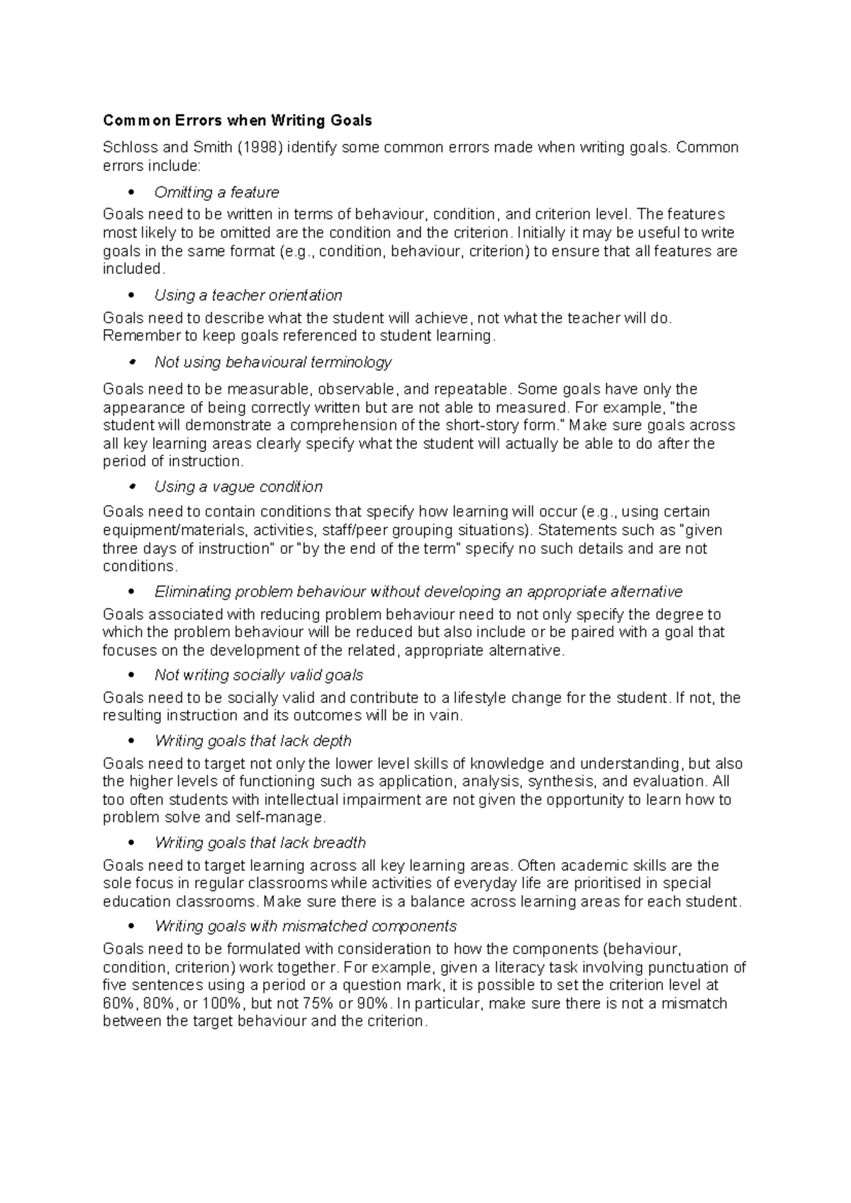 Common Errors in Writing Goals: Accompanying Notes - Studocu