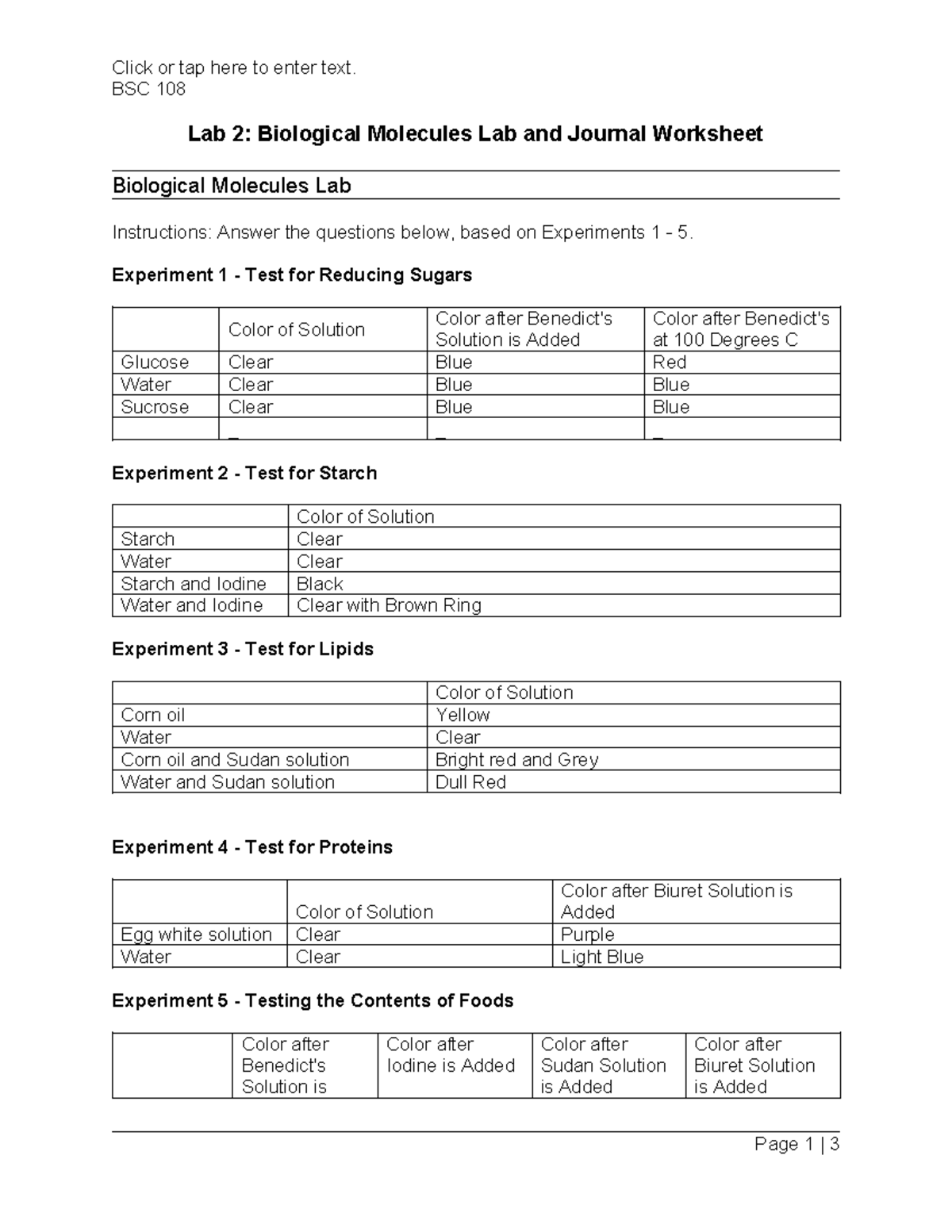 BSC 108 Lab 2: Biological Molecules Lab & Journal Worksheet - Studocu