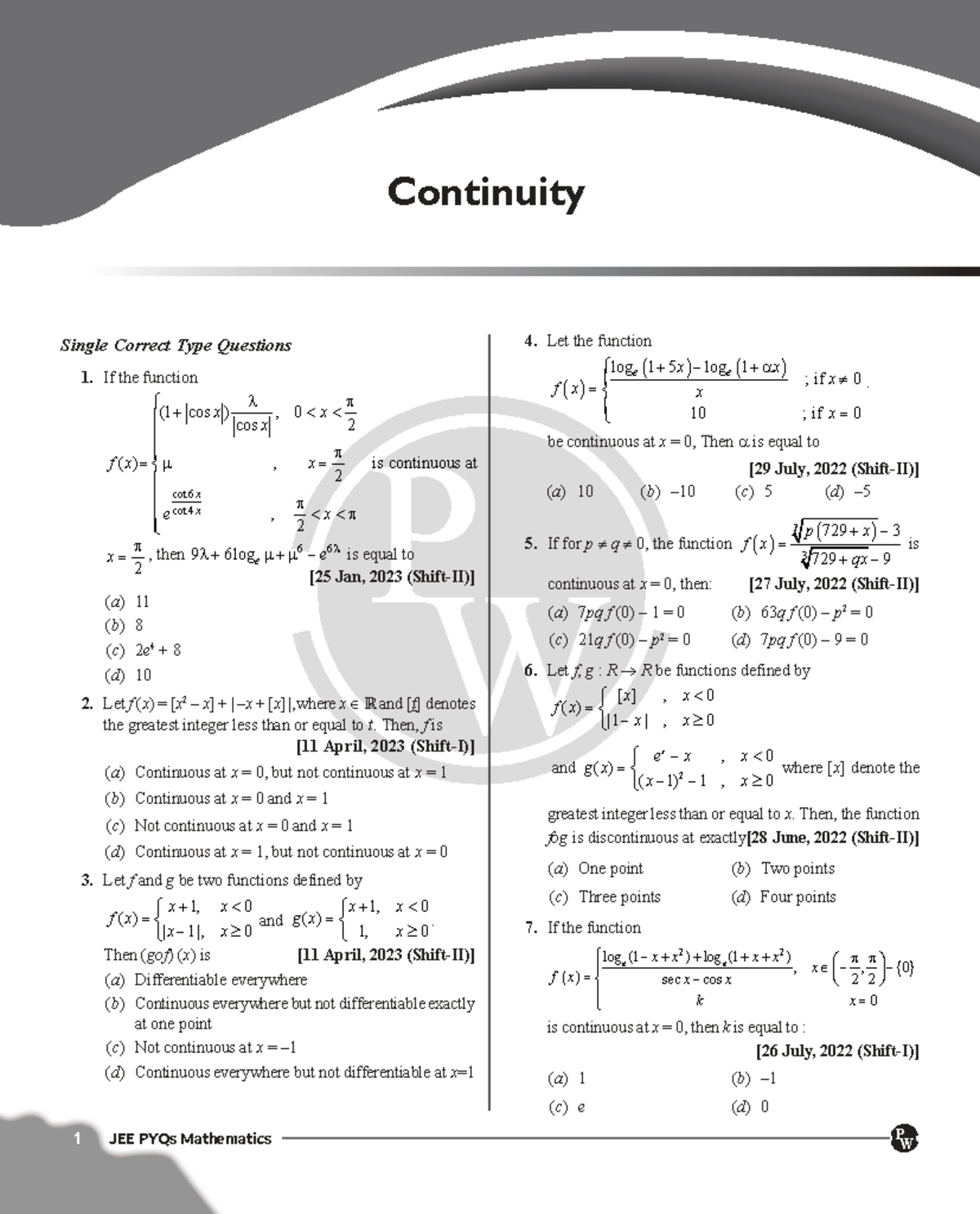 Continuity PYQ Practice Sheet for JEE Mathematics - Studocu