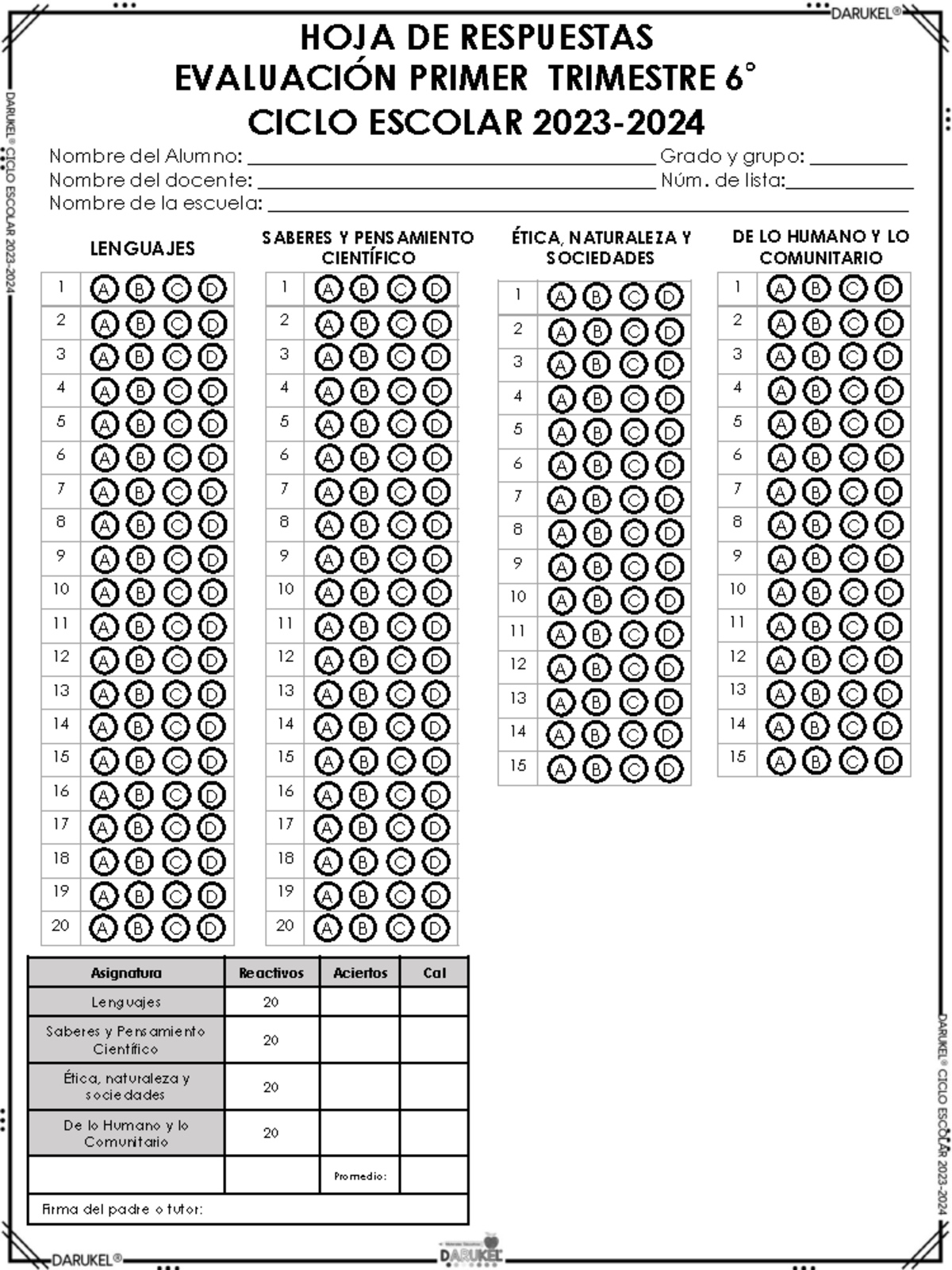 HOJA DE RESPUES. - EVALUACIÓN PRIMER TRIMESTRE 6° - 2023-2024 - Studocu