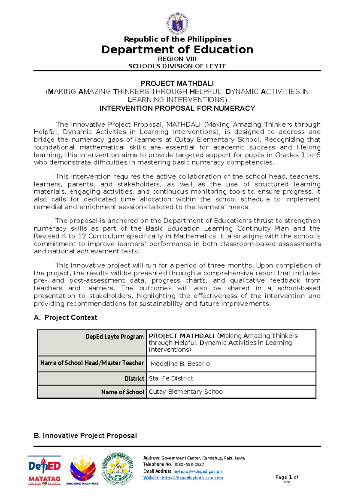 Project MATHDALI: Innovative Numeracy Intervention Proposal for Grades ...