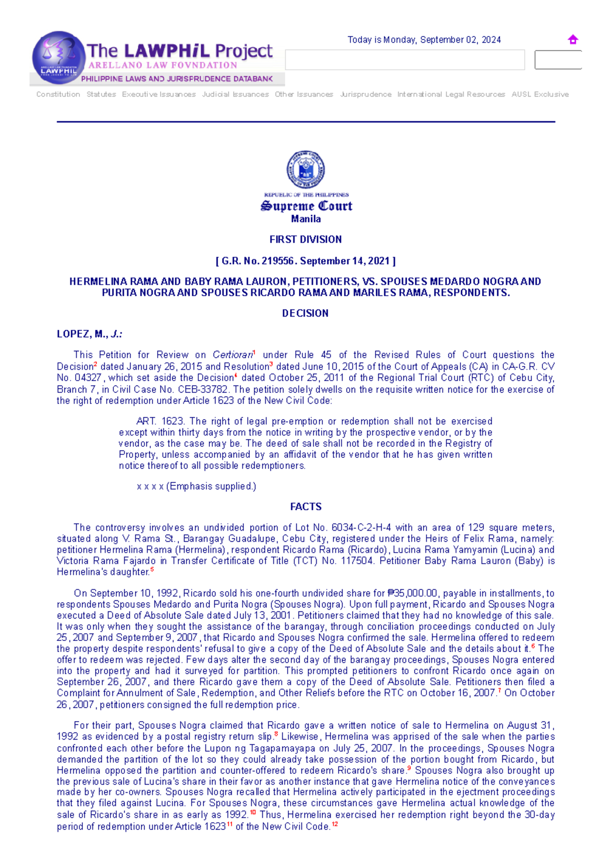 G.R. No. 219556 - Case Study on Redemption Rights Under Article 1623 ...
