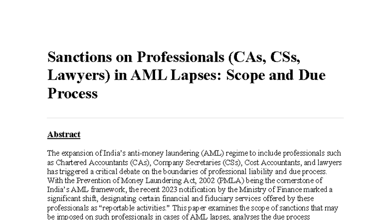 Sanctions on Professionals (CAs, CSs, Lawyers) for AML Violations - Studocu