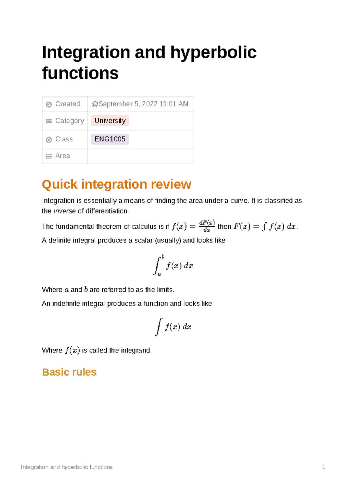 ENG1005: Quick Review of Integration & Hyperbolic Functions - Studocu