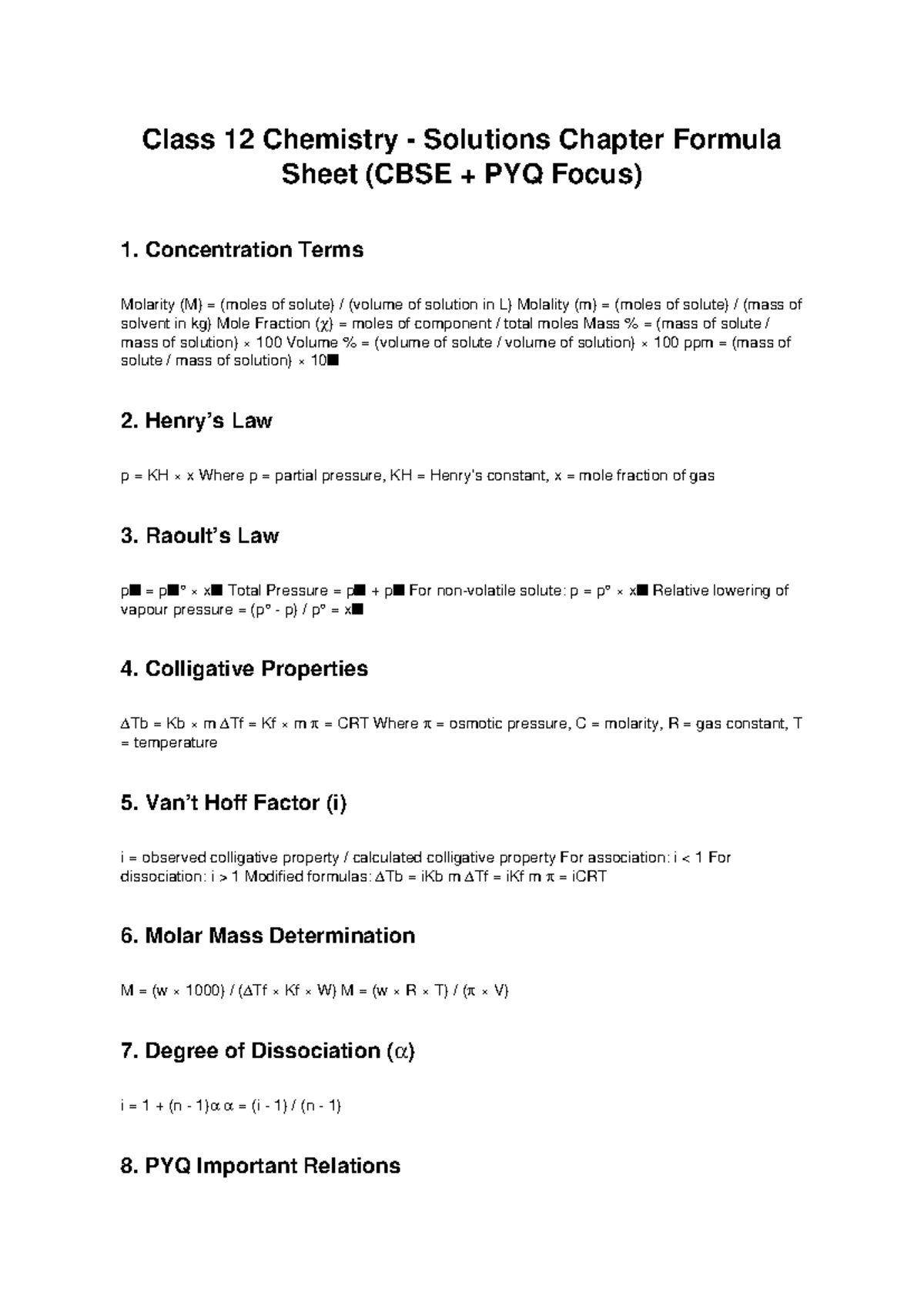 Class 12 Chemistry Solutions Formula Sheet (CBSE PYQ Focus) - Studocu
