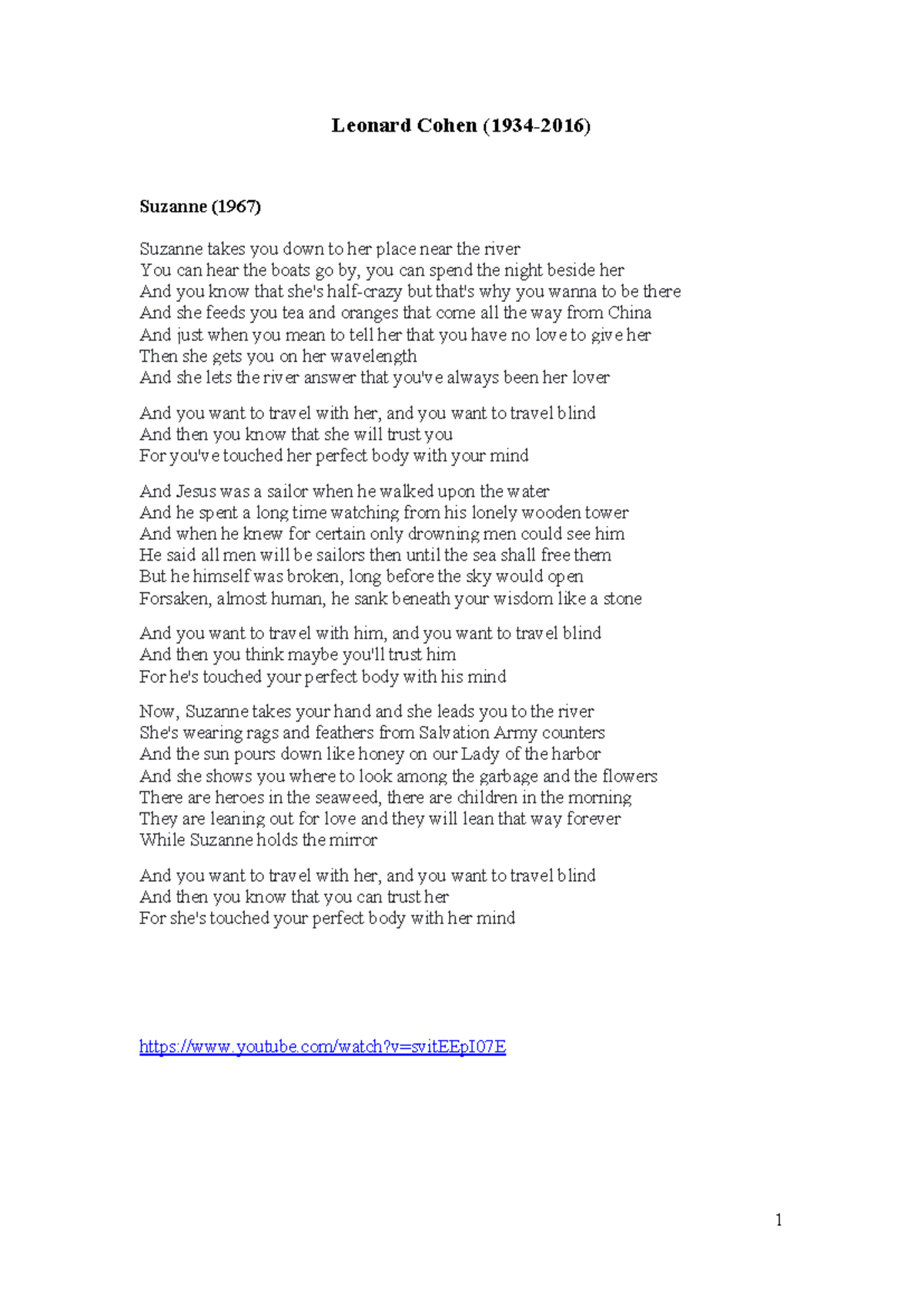 Leonard Cohen Poems - Leonard Cohen (1934- 2016 ) Suzanne (1967 ...