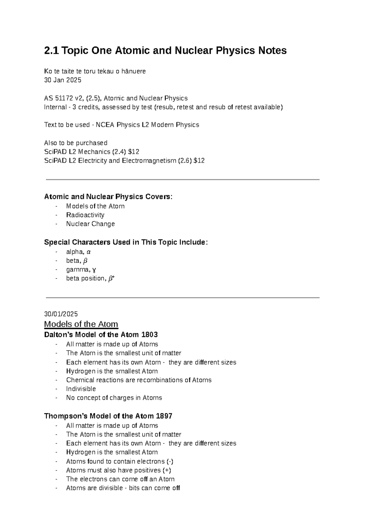Physics Atomic and Nuclear Notes - 2 Topic One Atomic and Nuclear ...