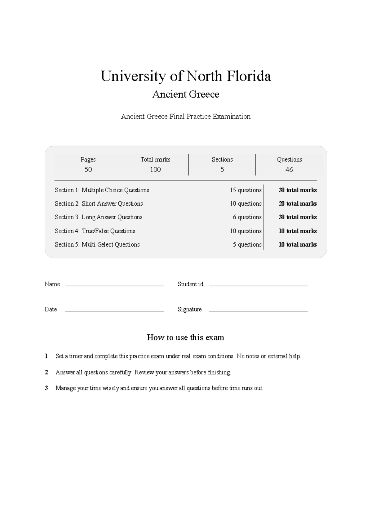 UNF ANT 301 Ancient Greece Final Practice Exam Guide - Studocu