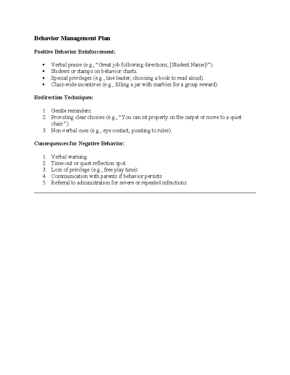Behavior Management Plan: Strategies for Positive Reinforcement and ...