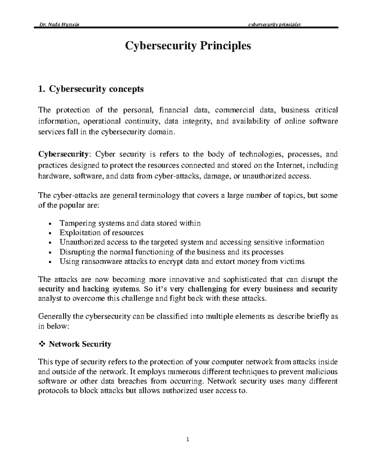Cybersecurity Principles 1: Key Concepts and Threats Analysis - Studocu