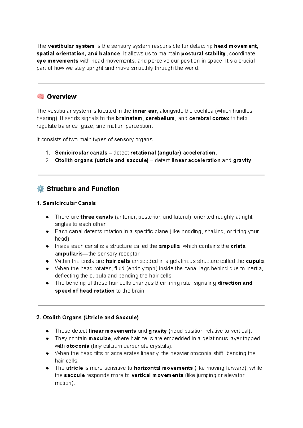 BIOL 101: Overview of the Vestibular System and Its Functions - Studocu