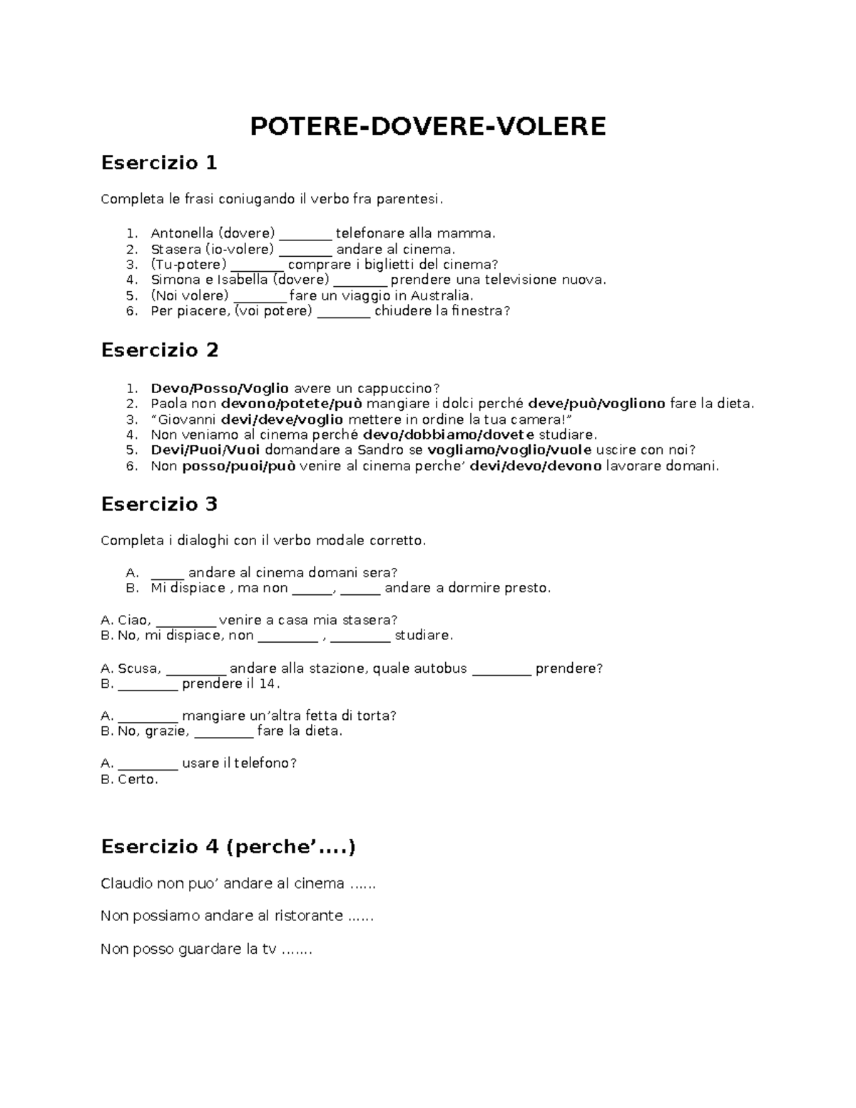 Esercizi modali - ejercicios verbos modales itaiano - POTERE-DOVERE ...