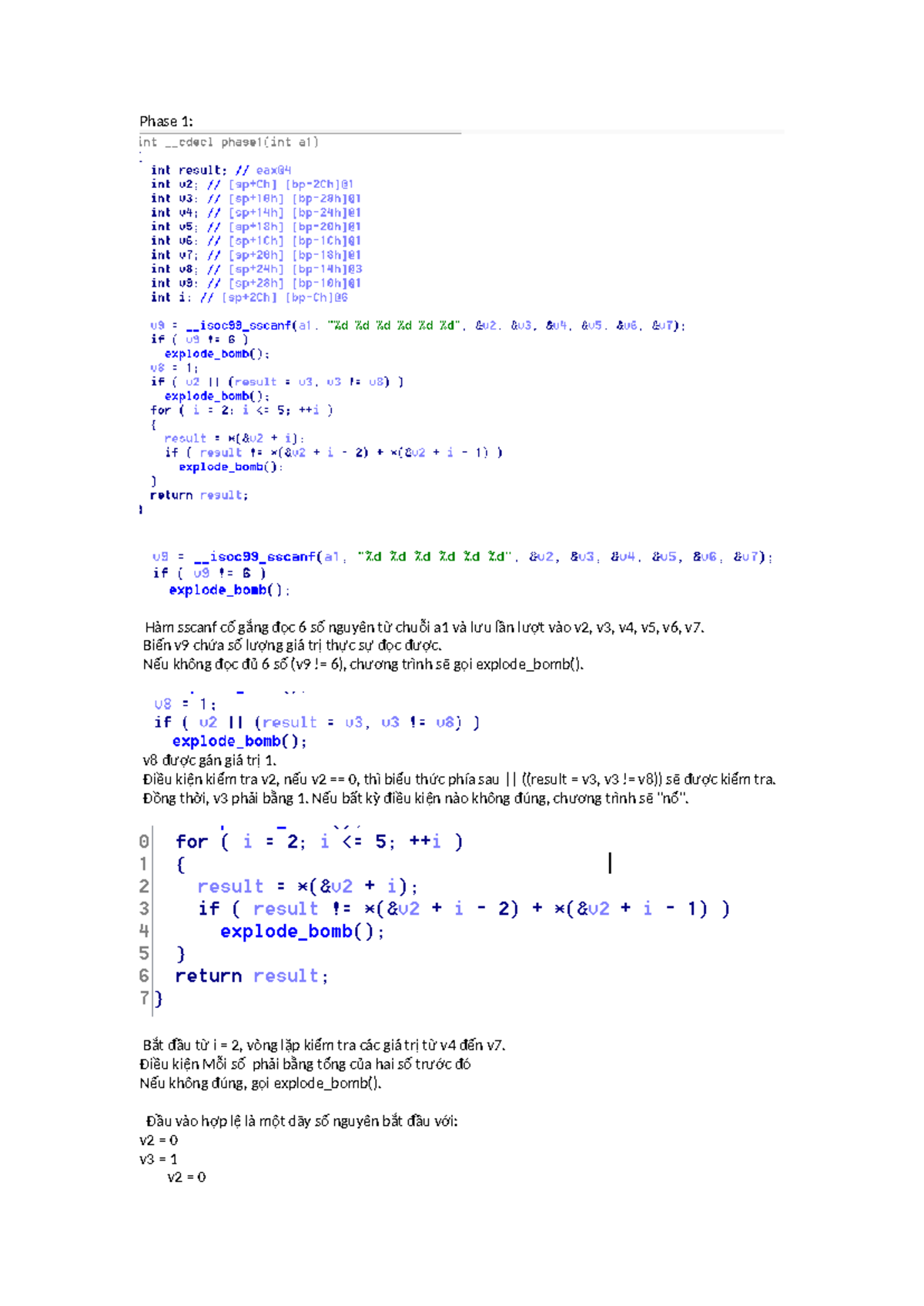 Phase 1 - sad - Phase 1: Hàm sscanf cố gắng đọc 6 số nguyên từ chuỗi a1 ...