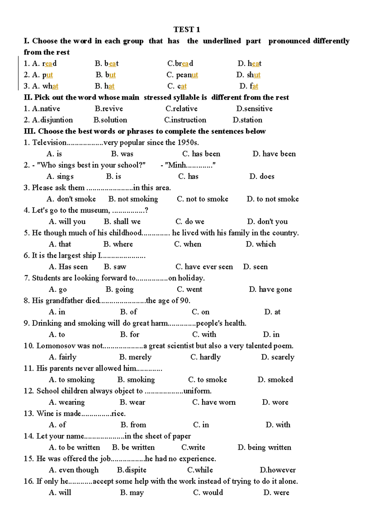 TEST 1, 2, & 3: Pronunciation, Vocabulary, and Grammar Exercises - Studocu