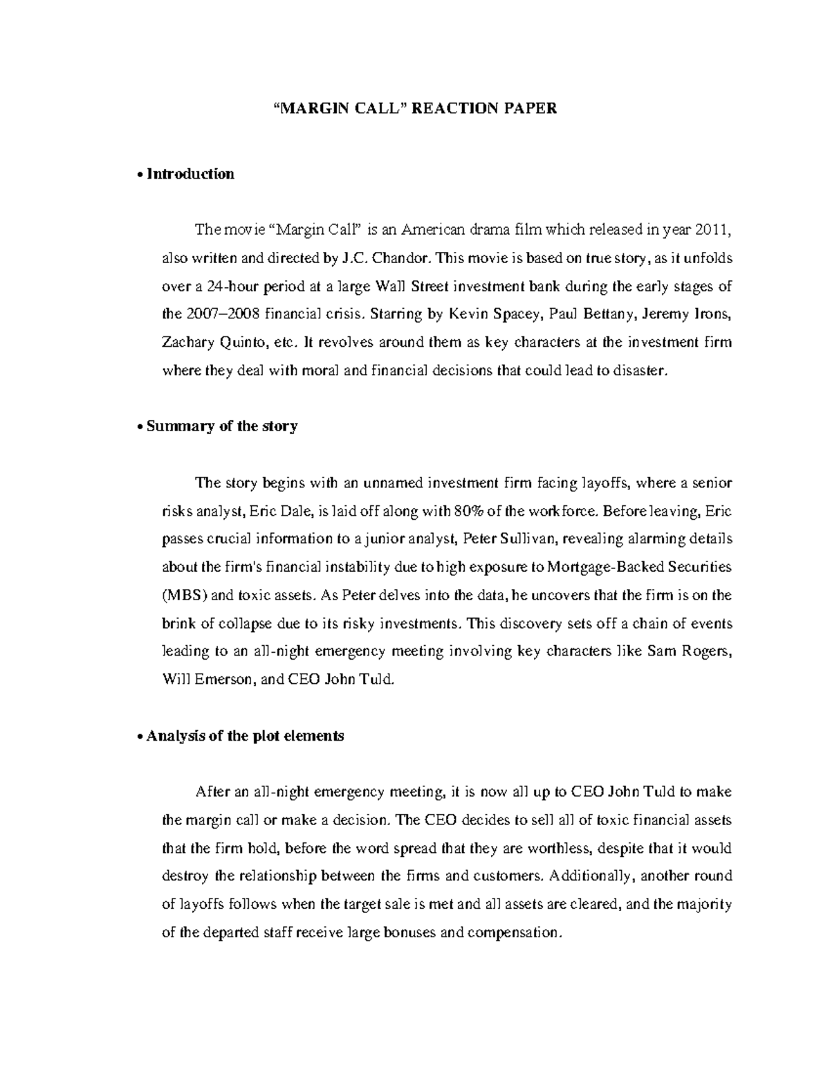MGT 301: Reaction Paper on "Margin Call" - Financial Impact Analysis ...