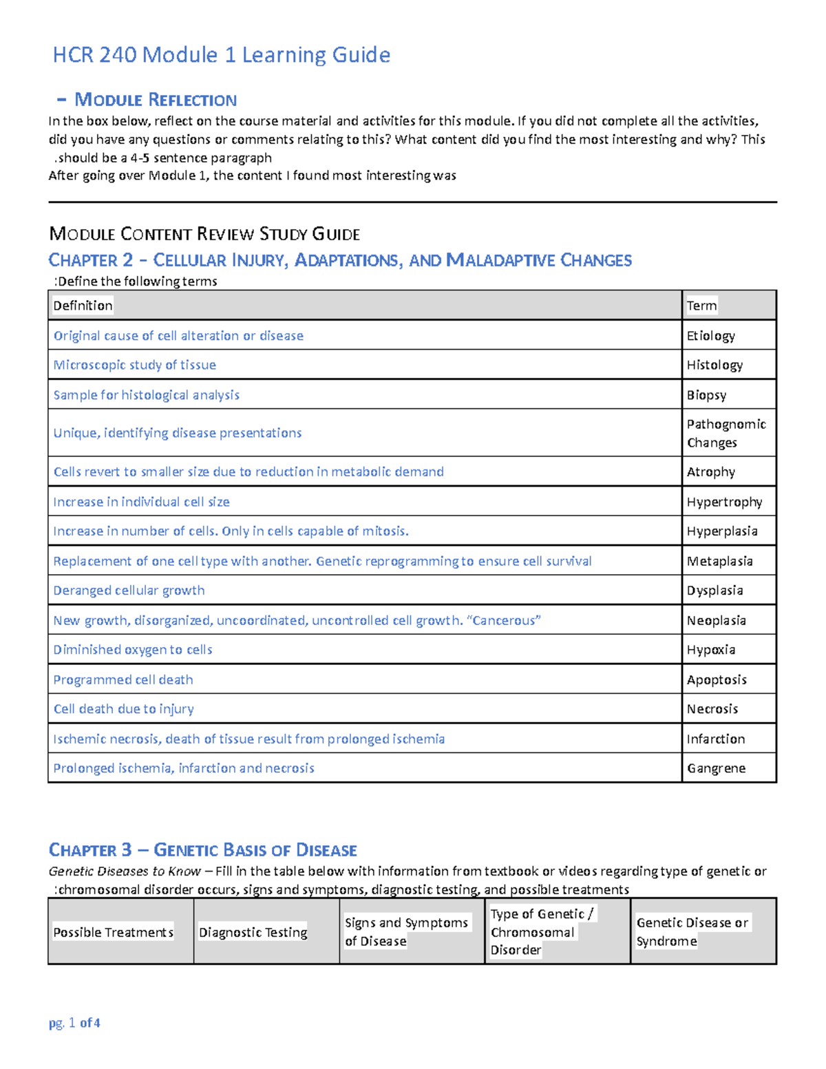 HCR 240 Module 1 Study Guide: Cellular Injury & Genetic Diseases - Studocu