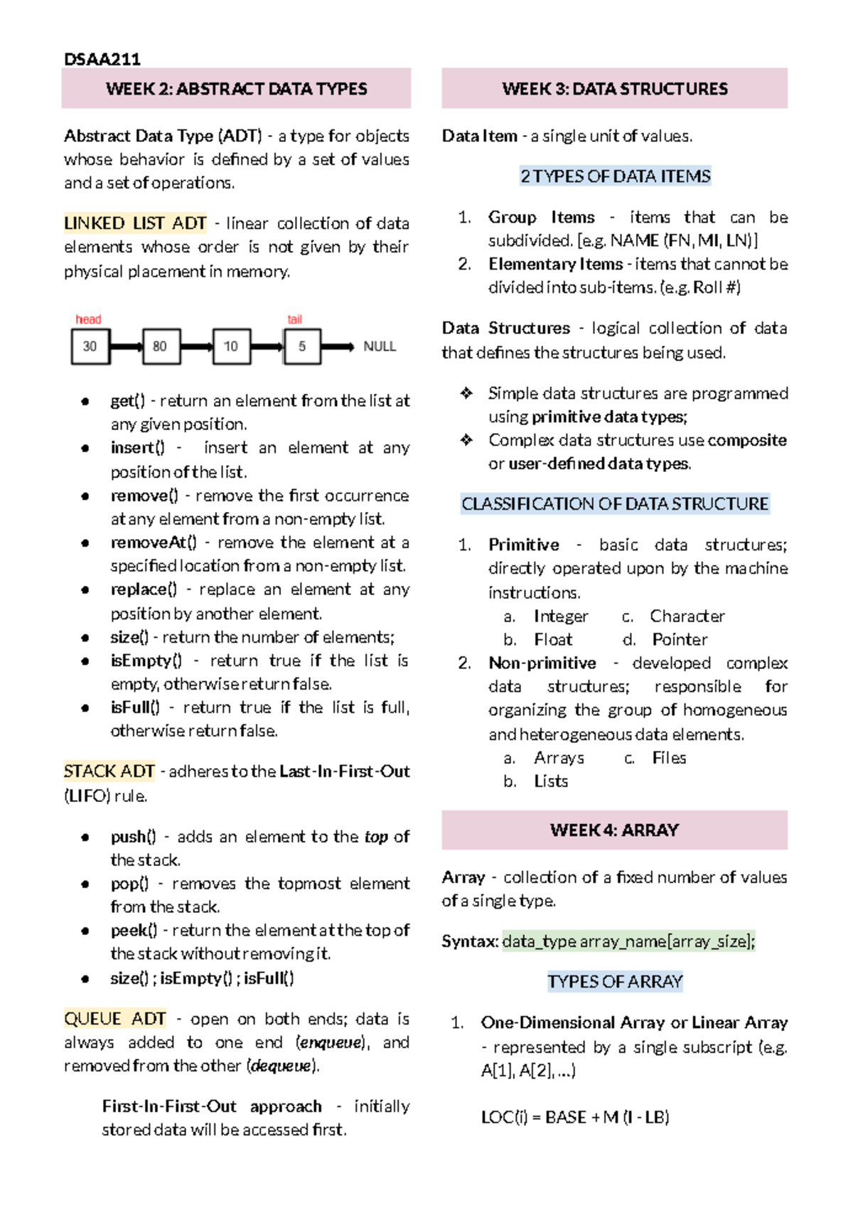 DSAA Prelim - DSAA WEEK 2: ABSTRACT DATA TYPES Abstract Data Type (ADT ...