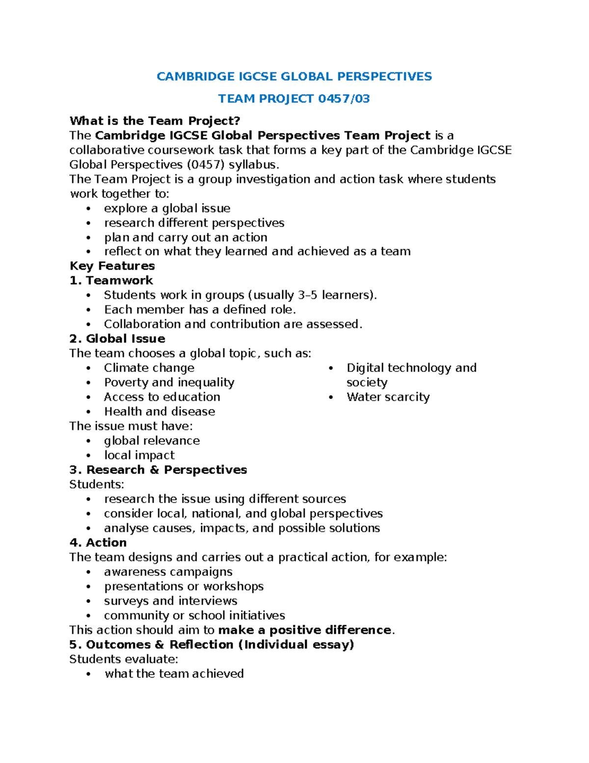 CAMBRIDGE IGCSE (0457) Global Perspectives Team Project Guide - Studocu