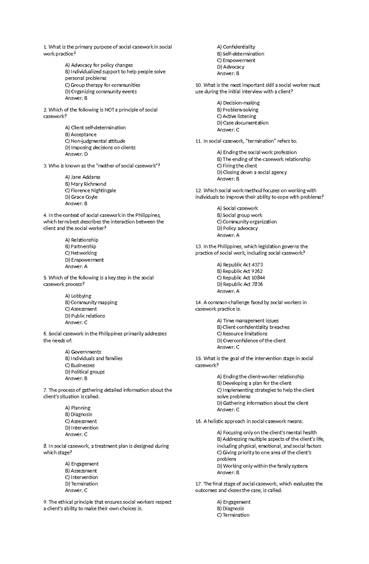 Answer Key: Social Casework Exam (4th Year OJT) - Studocu