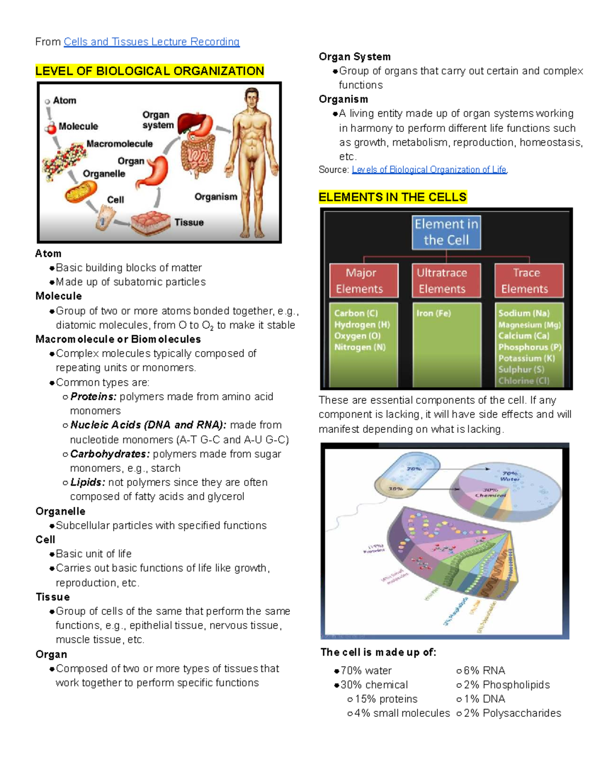 Cells and Tissues Reviewer Handout: Levels of Biological Organization ...
