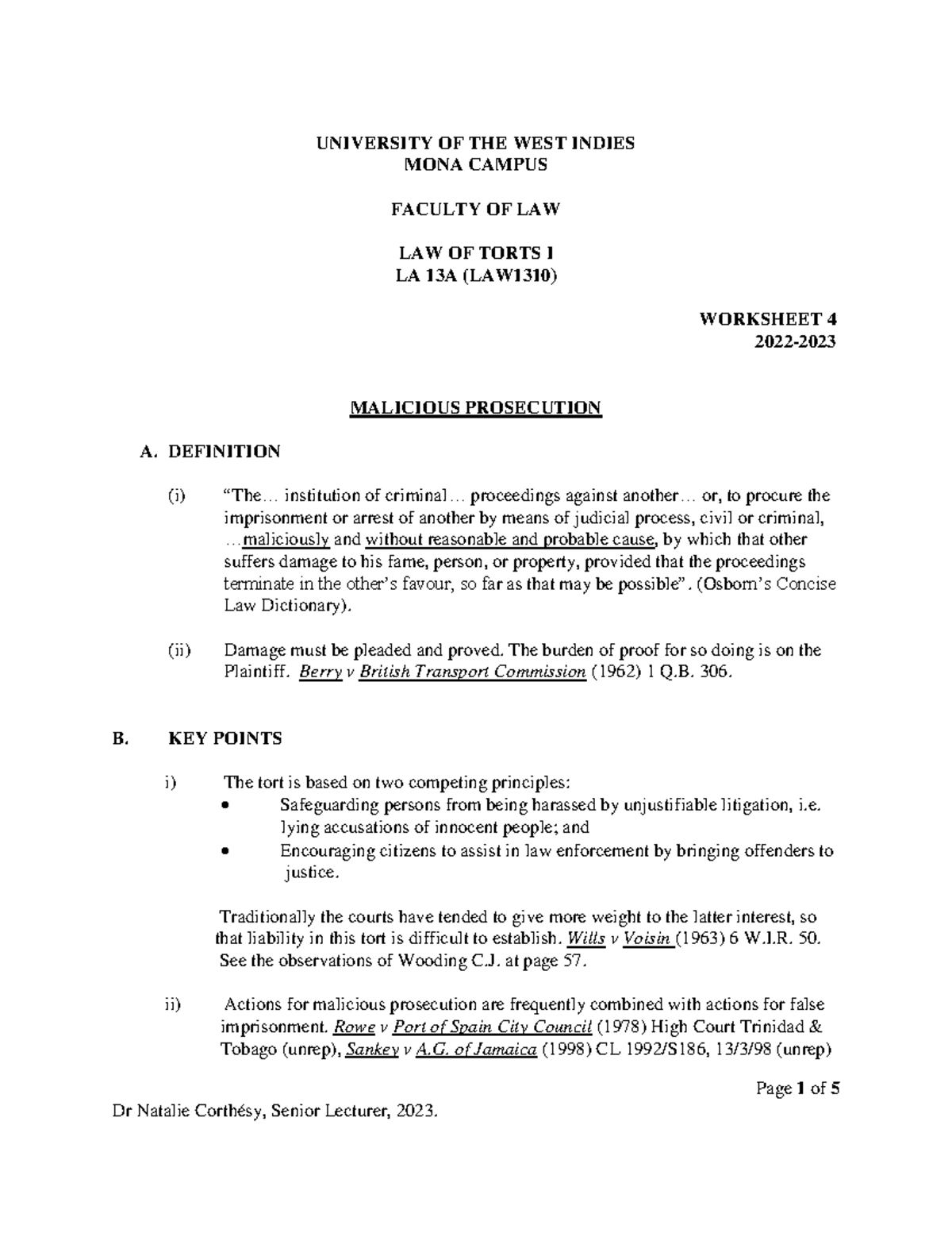 Malicious Prosecution in Tort I: Worksheet 4 (LA 13A) 2023 - Studocu