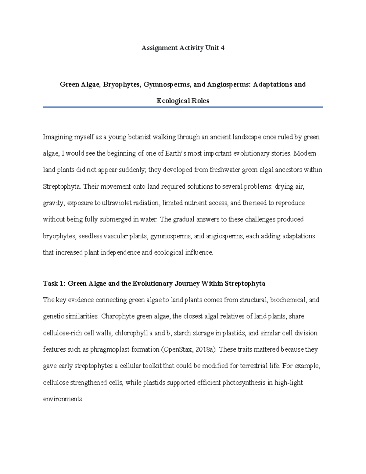 Assignment Activity UNIT 4: Evolution of Green Algae to Angiosperms ...