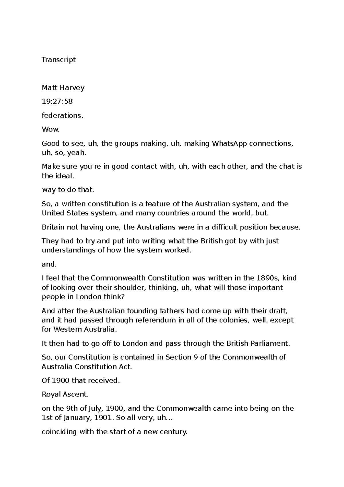 Transcript of Class Discussion on Australian Constitution and ...