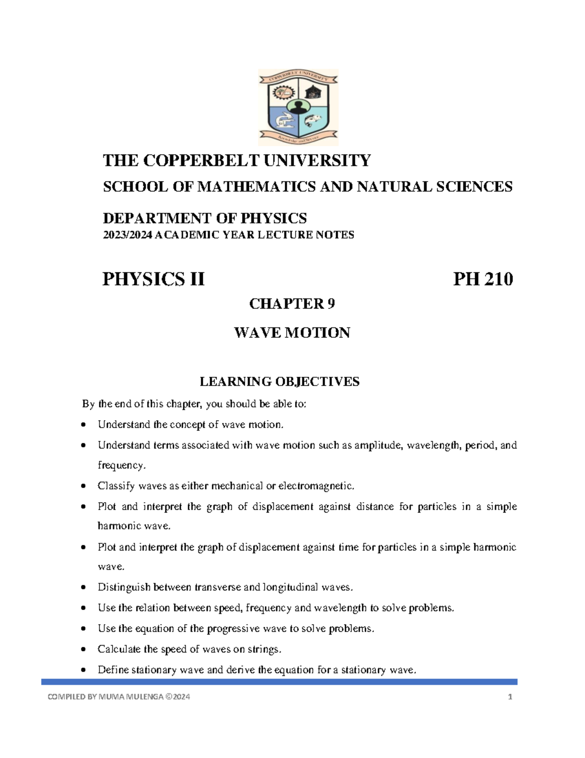 PH 210 Lecture Notes: Chapter 9 - Wave Motion (2024) - Studocu