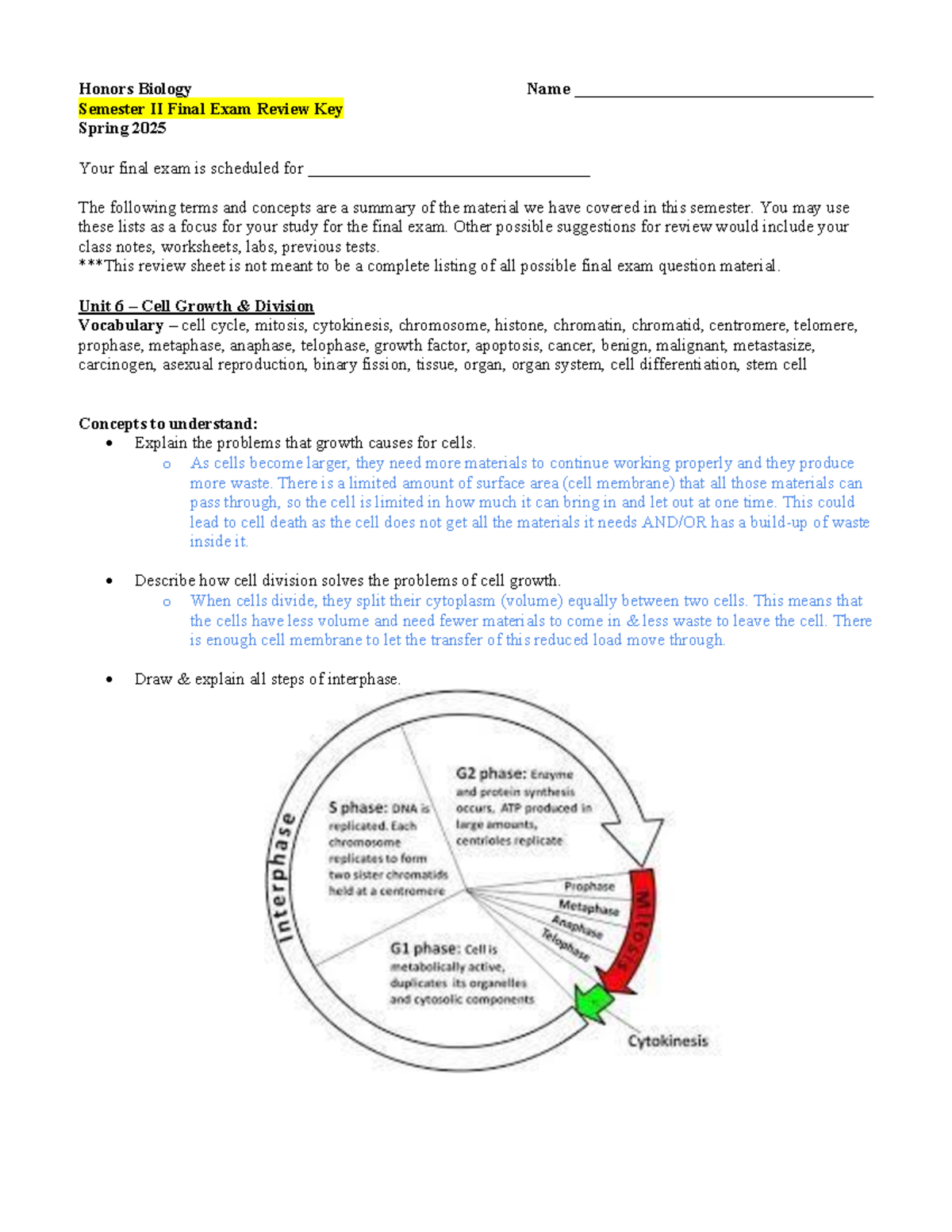 Honors Biology Semester II Final Exam Review Key - Studocu